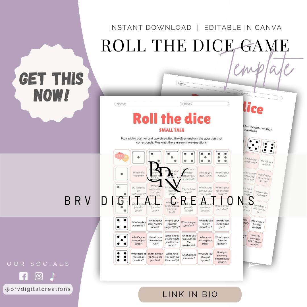 Roll the Dice Game Template | Printable & Editable Game for Bridal ...