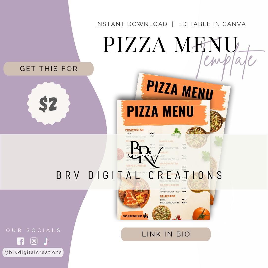Editable Pizza Menu Template, Pizzeria Restaurant Design (digital ...