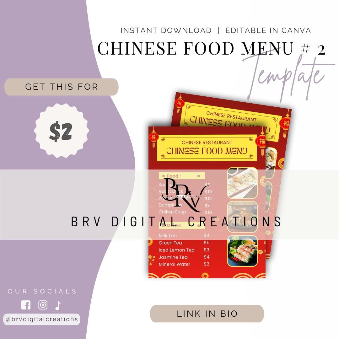 Chinese Restaurant Menu Template, Editable Digital Design, Easy Custom ...