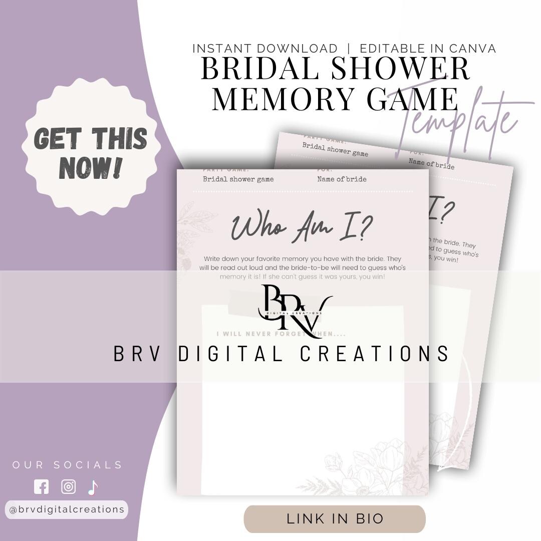 Customizable Bridal Shower Memory Game Template | Unique and ...