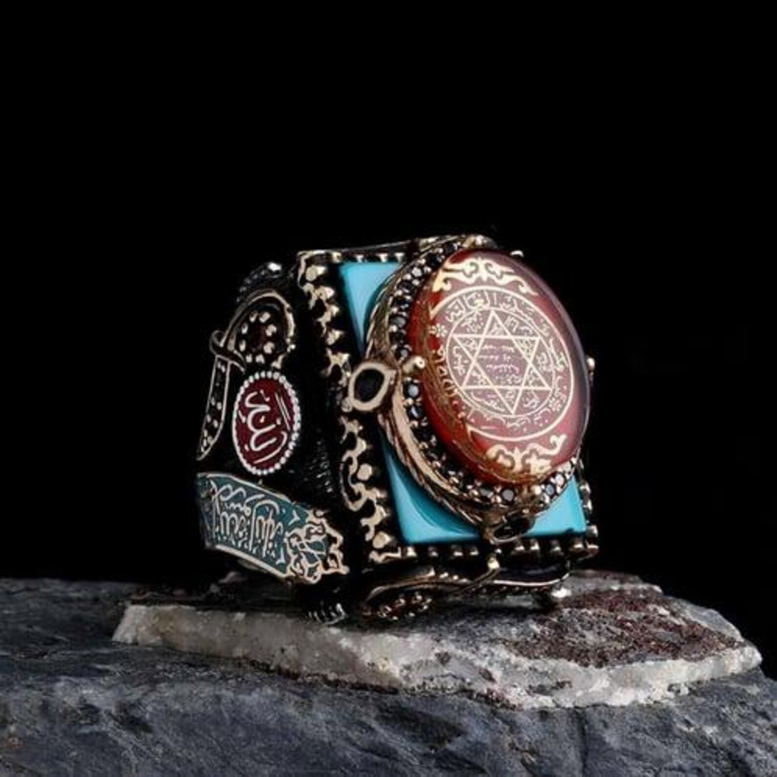 Mens Ring Seal of Solomon Kalima Turquoise Gemstone 925 Sterling Silver ...