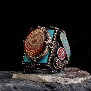 Mens Ring Seal of Solomon Kalima Turquoise Gemstone 925 Sterling Silver ...