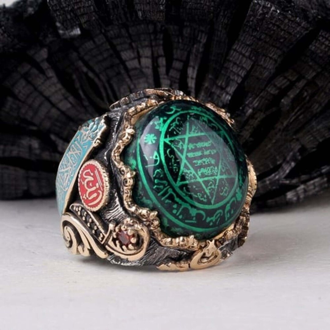 Mens Ring Seal of Solomon Amber Gemstone 925 Sterling Silver Kalima ...