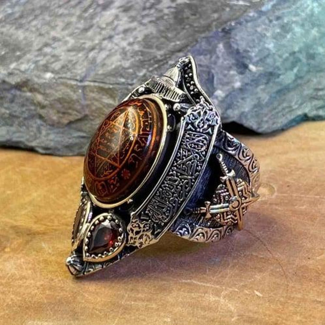 Thumb Archery Mens Ring Seal of Solomon Red Amber Gemstone Kalima ...