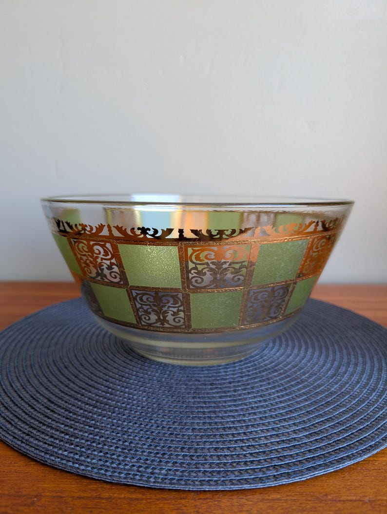MCM Culver 22K Gold Prado Green Pattern Glass Serving Snack Bowl 10" - Etsy