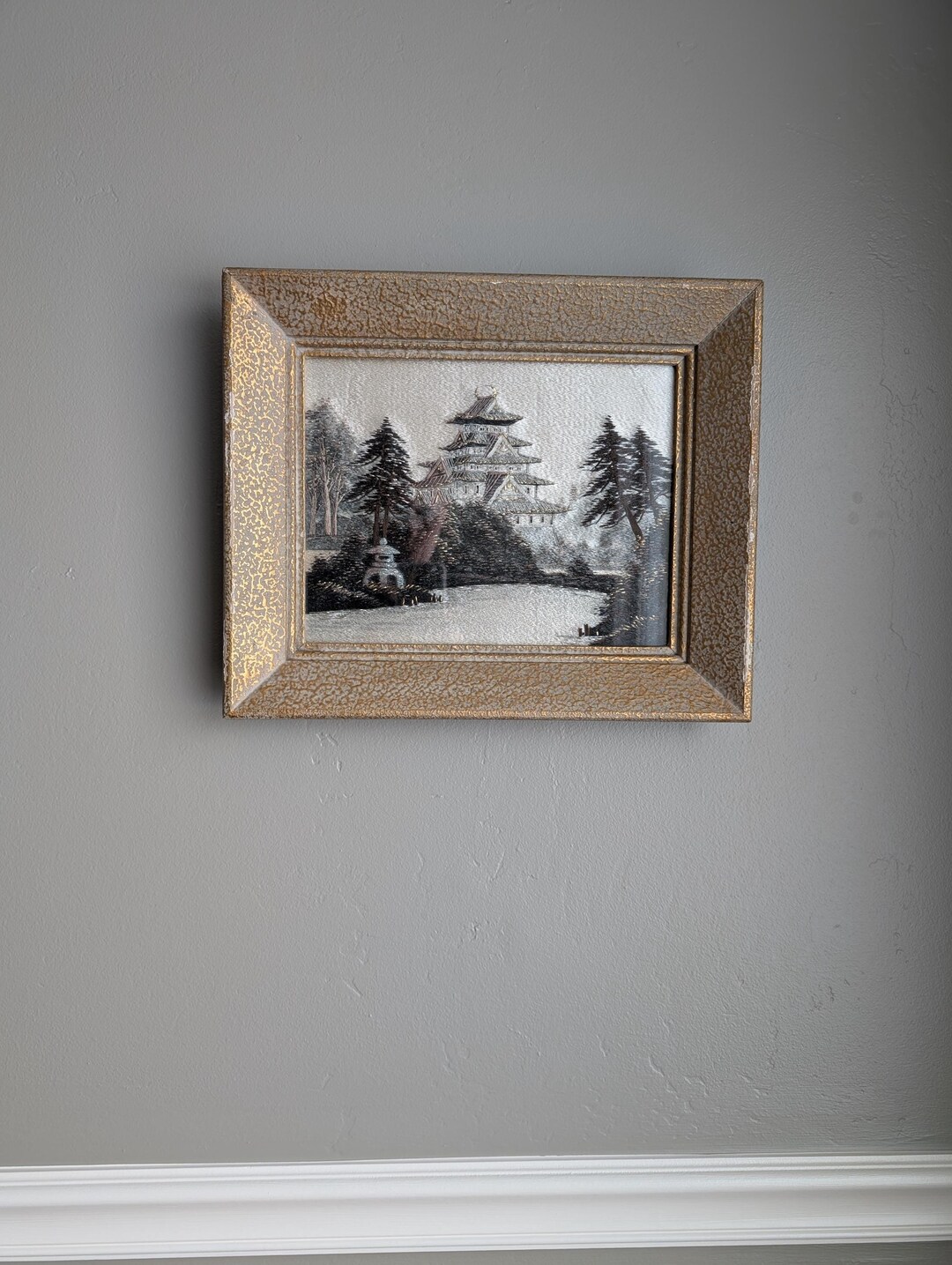 Vintage Japanese Silk Embroidery Temple Palace Gilt Plaster Frame Black ...