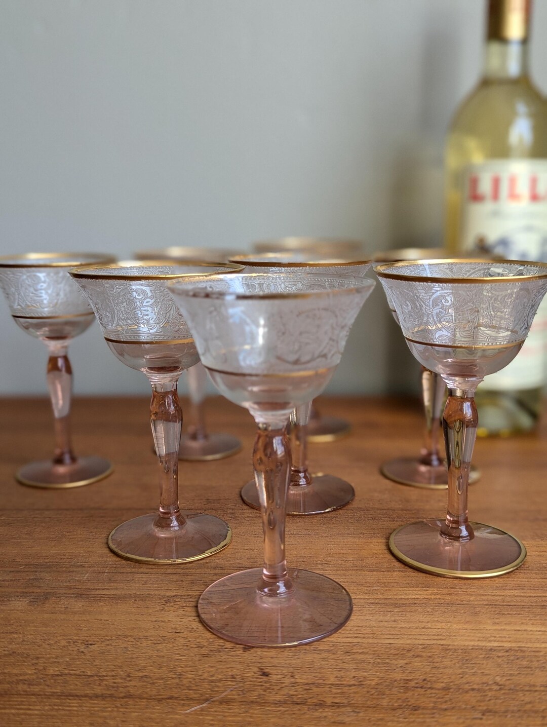 8 Glastonbury Lotus Gold Trim Rose Pink Stem Sherry Small Cocktail or ...