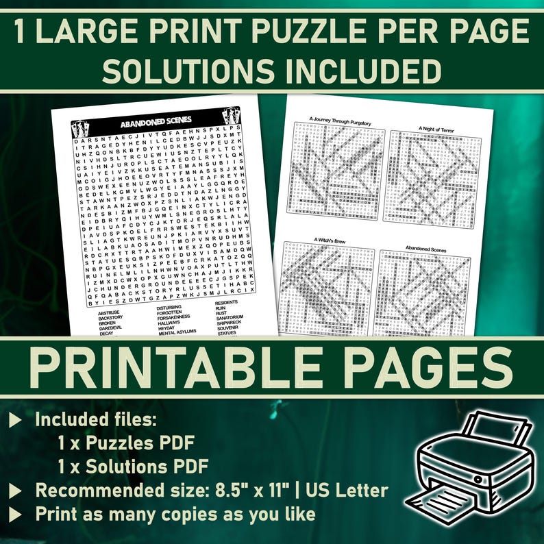 100 Spooky Word Search Puzzles Printable Pages & Solutions Instant ...