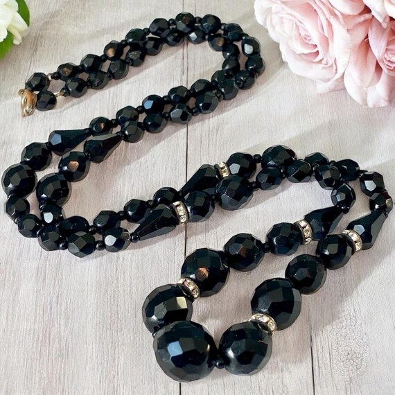 Art Deco French Jet Black Glass Beaded Rhinestone Nec… - Gem