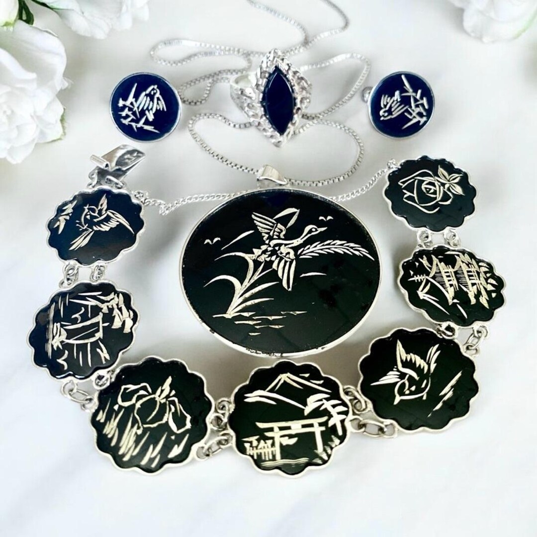 SALE Vintage Amita Japan Damascene Sterling Silver Jewelry Set - Etsy