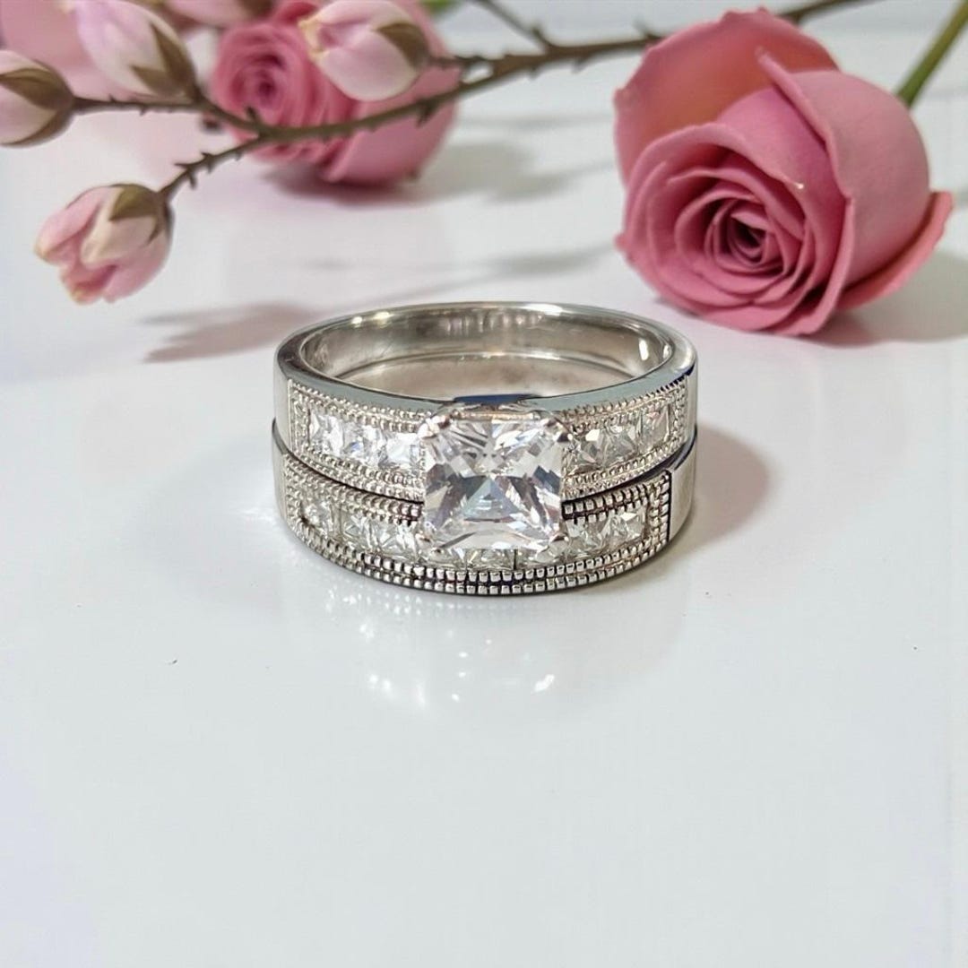 SALE Vintage Avon Sterling Silver Cubic Zirconia Bridal Ring Set (size ...