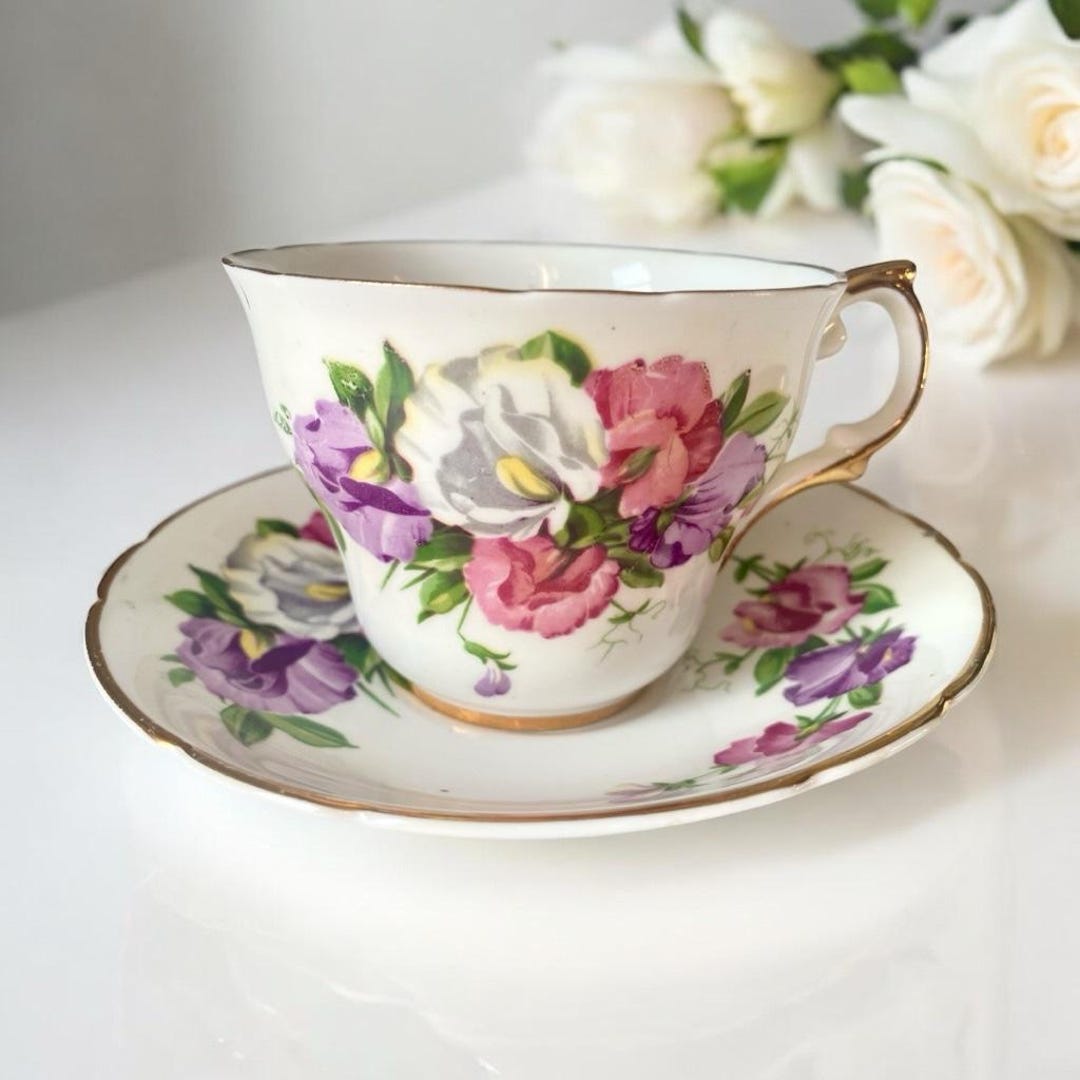 Vintage Regency Tea Cup and Saucer Set White Pink Purple Floral - Etsy