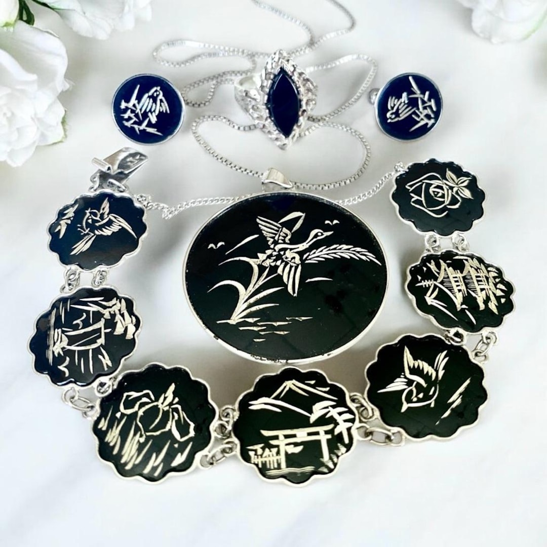 Vintage Amita Japan Damascene Jewelry Set Lot Black Silver Sterling ...