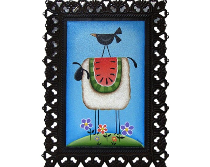Prim Sheep, Watermelon, Crow, Filigree Metal Frame, Handpainted Sign ...