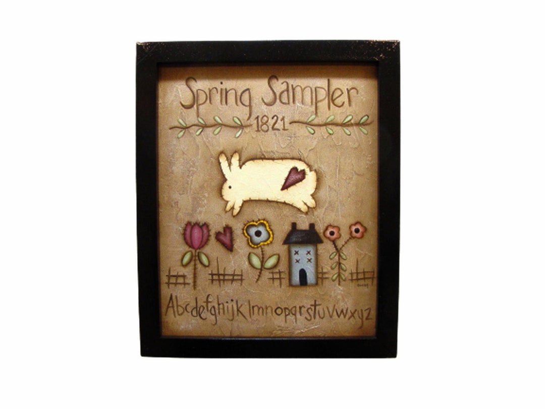 Primitive Spring Bunny Sampler, Handpainted Framed Canvas Board, Hand ...