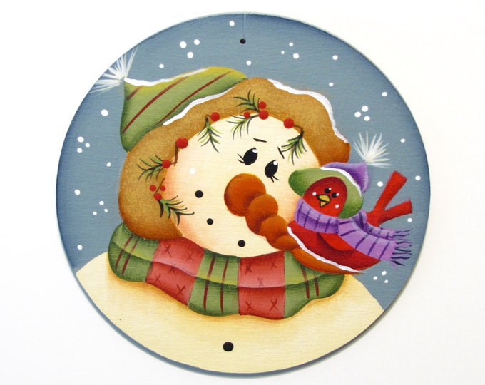 Snowman With Red Bird Round Ornament Handpainted Wood - Etsy