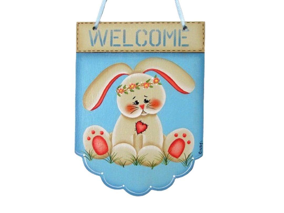 Bunny Welcome Sign, Handpainted Welcome Banner, Hand Painted Home Decor ...