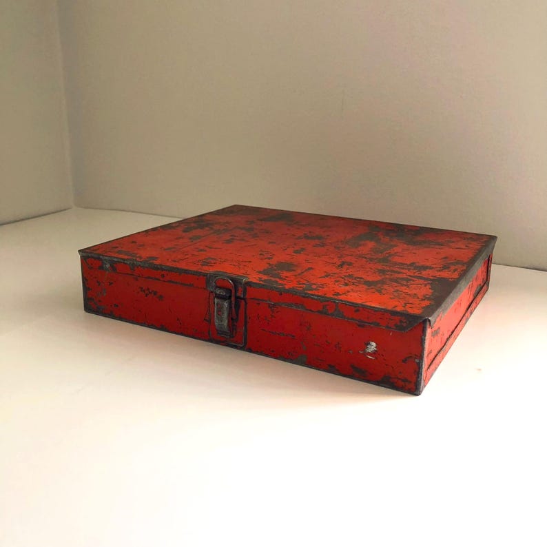 Vintage Red Lidded Industrial Rustic Box With Compartments, Industrial ...