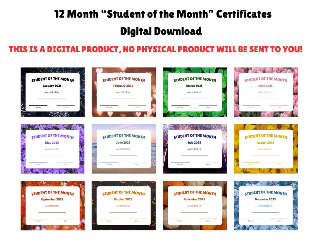 Student of the Month Certificate Bundle – 12 Printable Digital ...