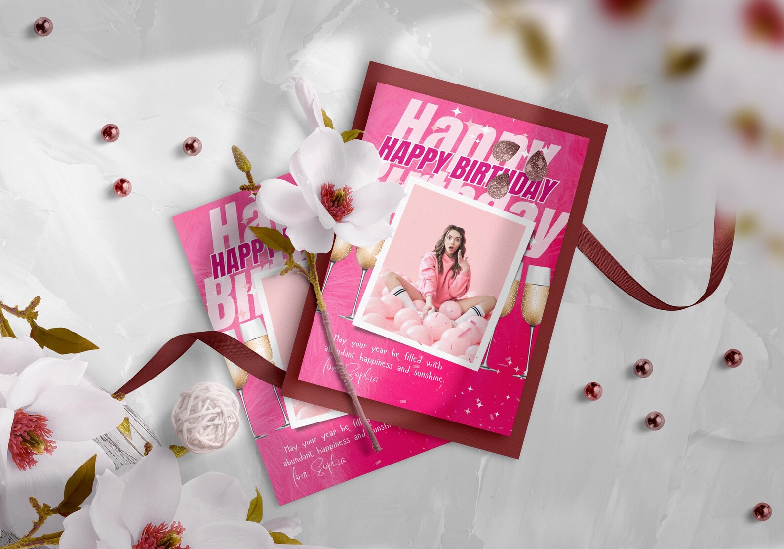 Pink Birthday Card, Printable Colorful Design, Editable Canva Template ...