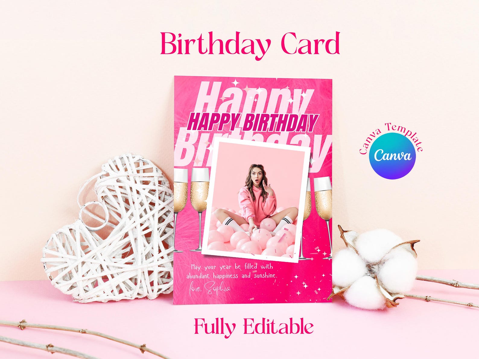 Pink Birthday Card, Printable Colorful Design, Editable Canva Template ...