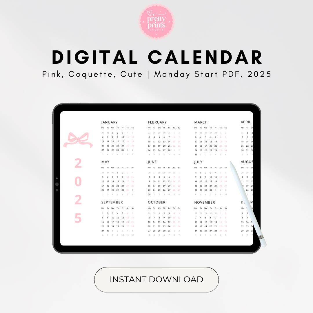2025 Coquette Pink Minimalist Aesthetic Digital Calendar Printable ...