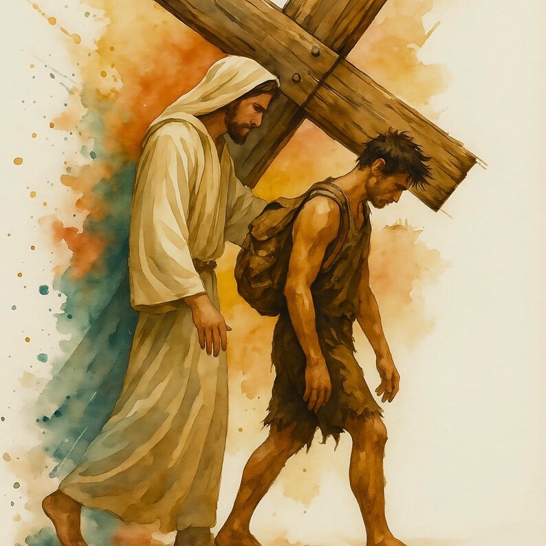 Jesus Helping Man Carry the Cross | Watercolor Christian Art ...