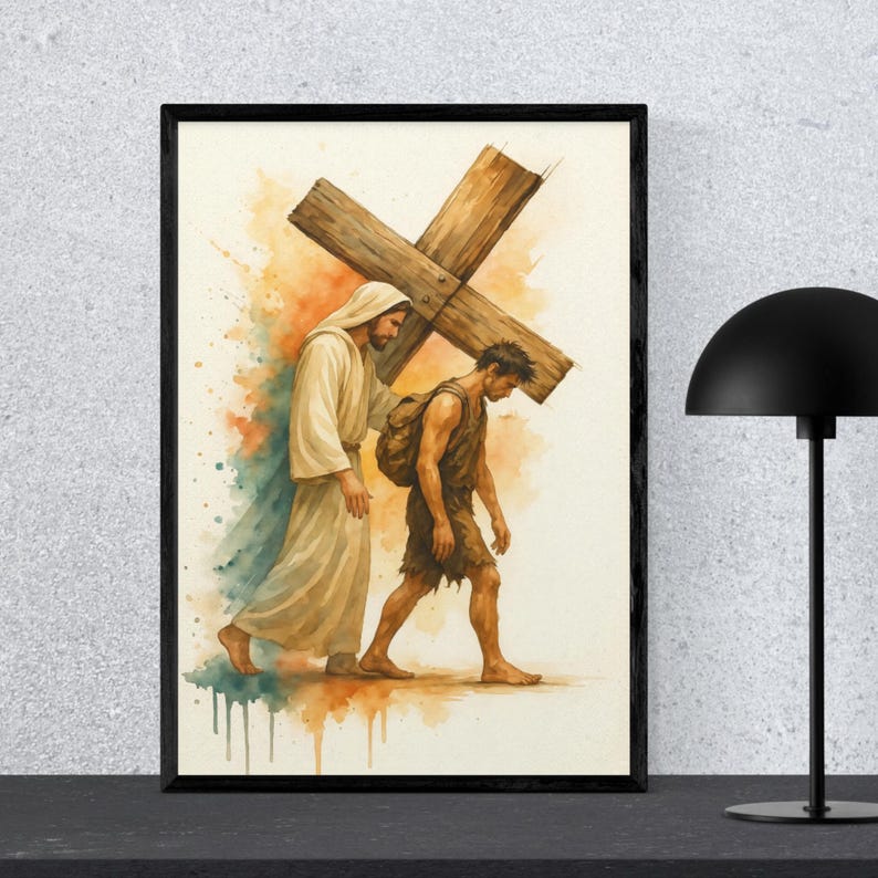 Jesus Helping Man Carry the Cross | Watercolor Christian Art ...