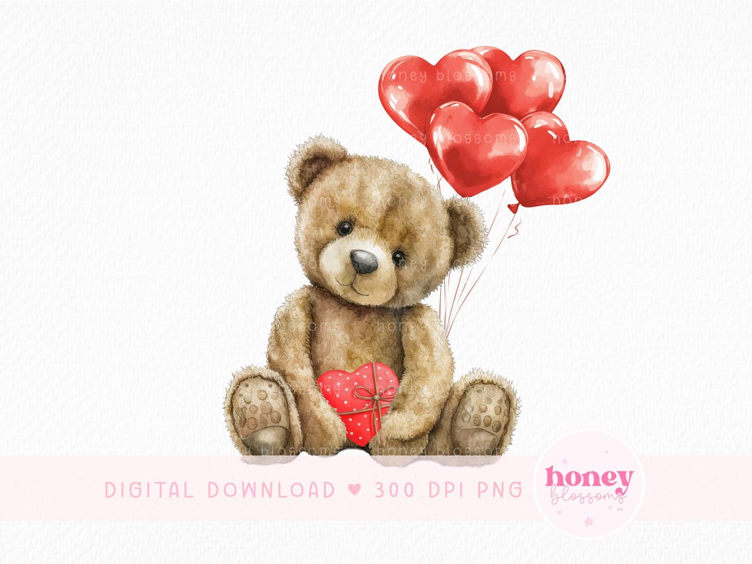 Teddy Bear Balloons Valentine's Day PNG, Valentine Bear Sublimation ...