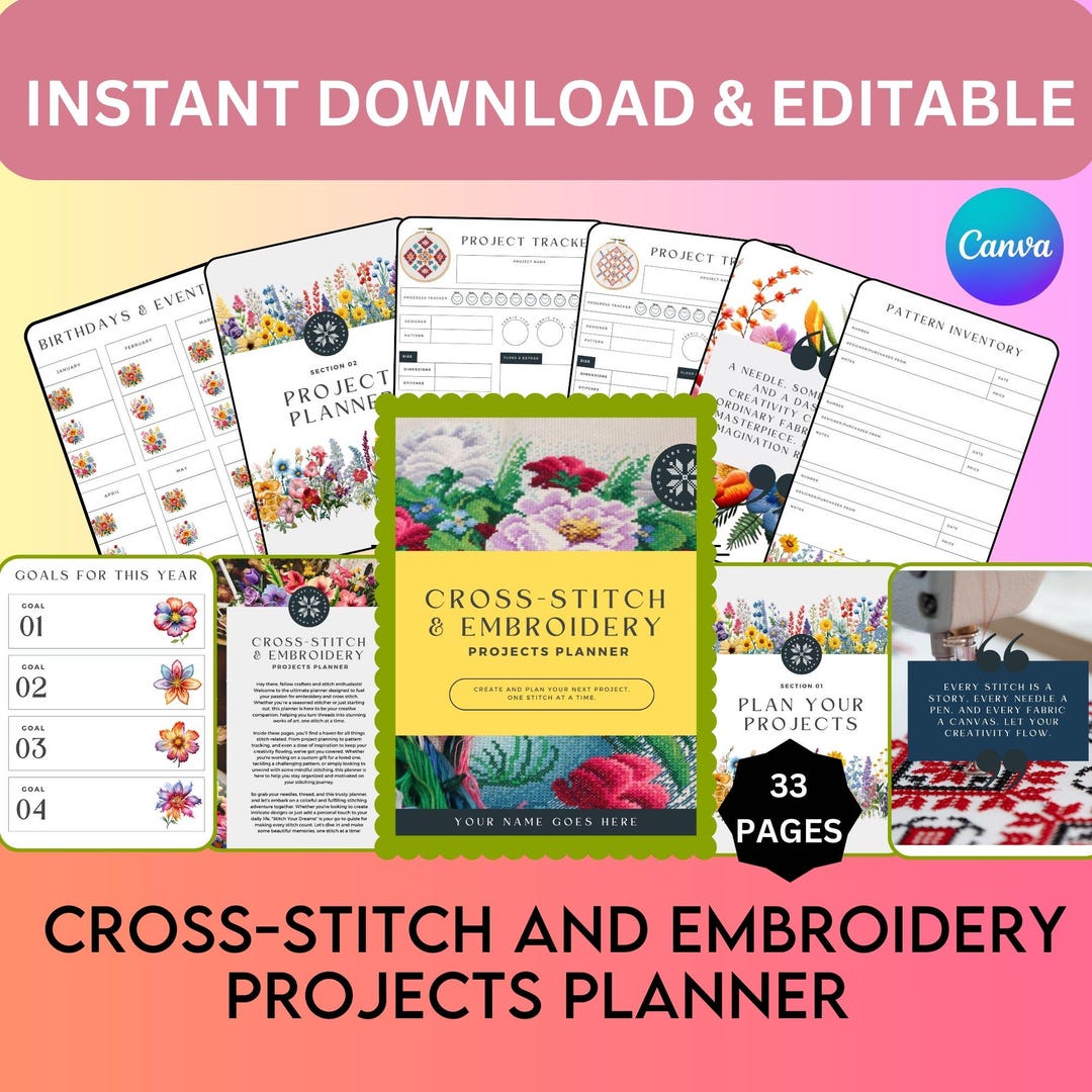 Cross Stitch Embroidery Planner, Printable Cross Stitch Tracker ...