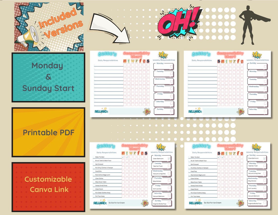 Superhero Kids Responsibility Chart | Daily & Weekly Chores ...