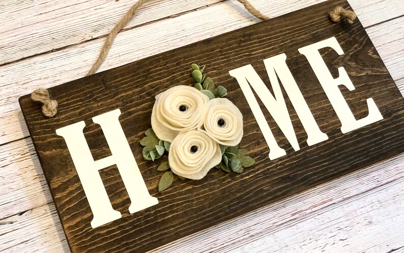 Hanging HOME sign with felt flowers | Etsy
