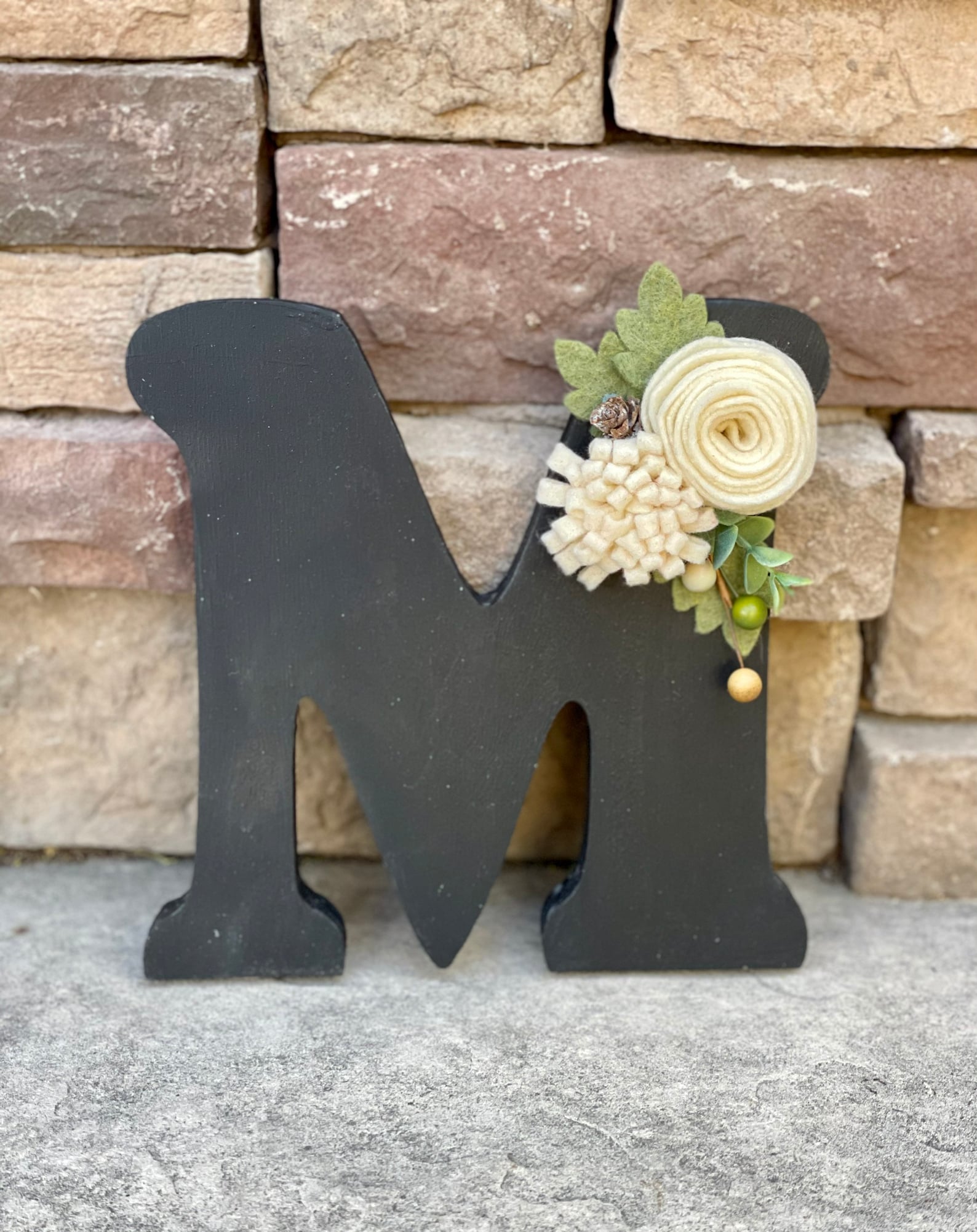 Hanging Wooden Decorative Letter 'M' with Felt Flowers | Etsy