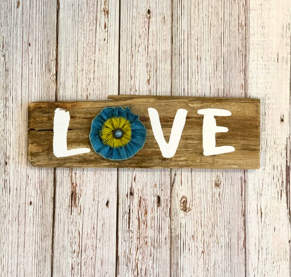 Wood LOVE sign with fabric flower | Etsy