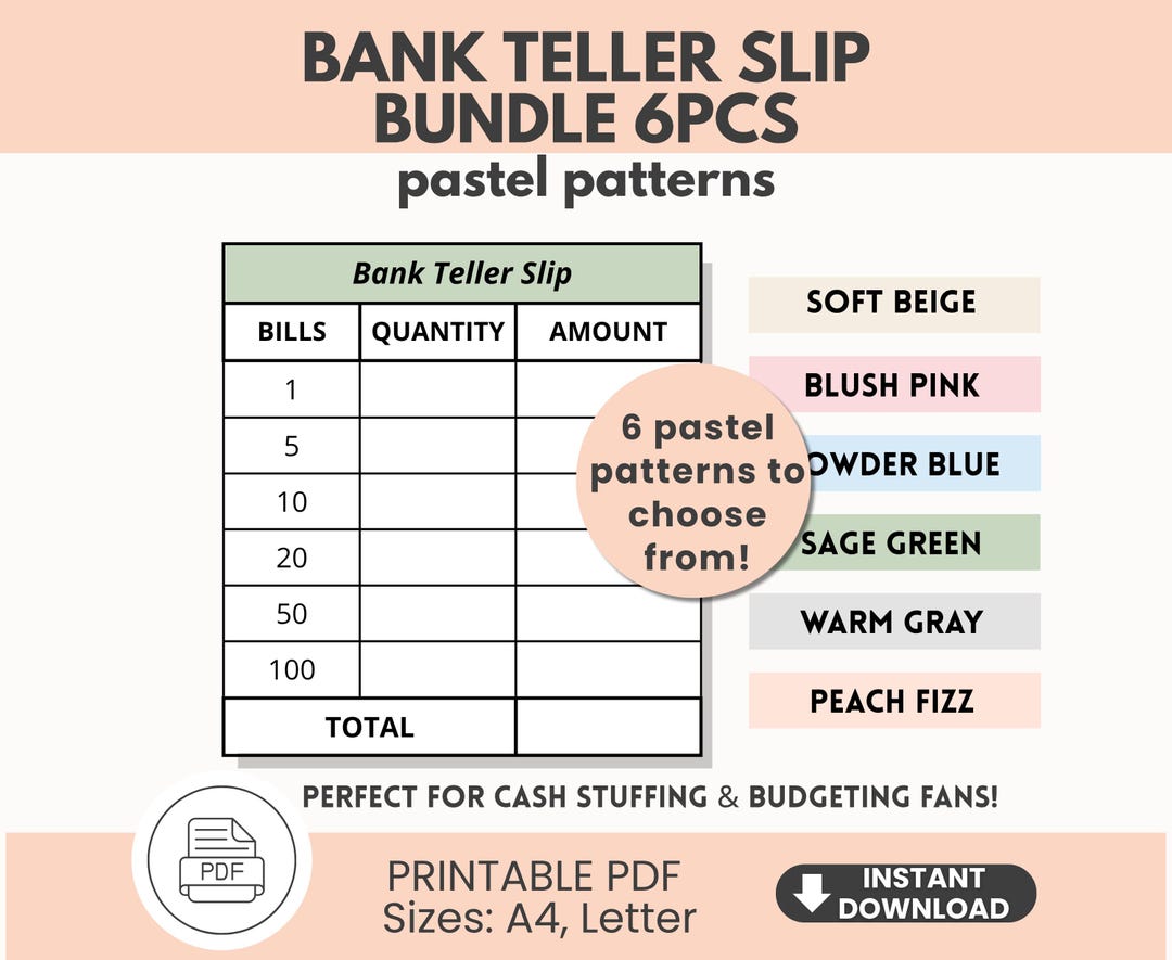 Pastel Cash Breakdown Slips: Printable Bank Teller Forms (A4/US Letter ...