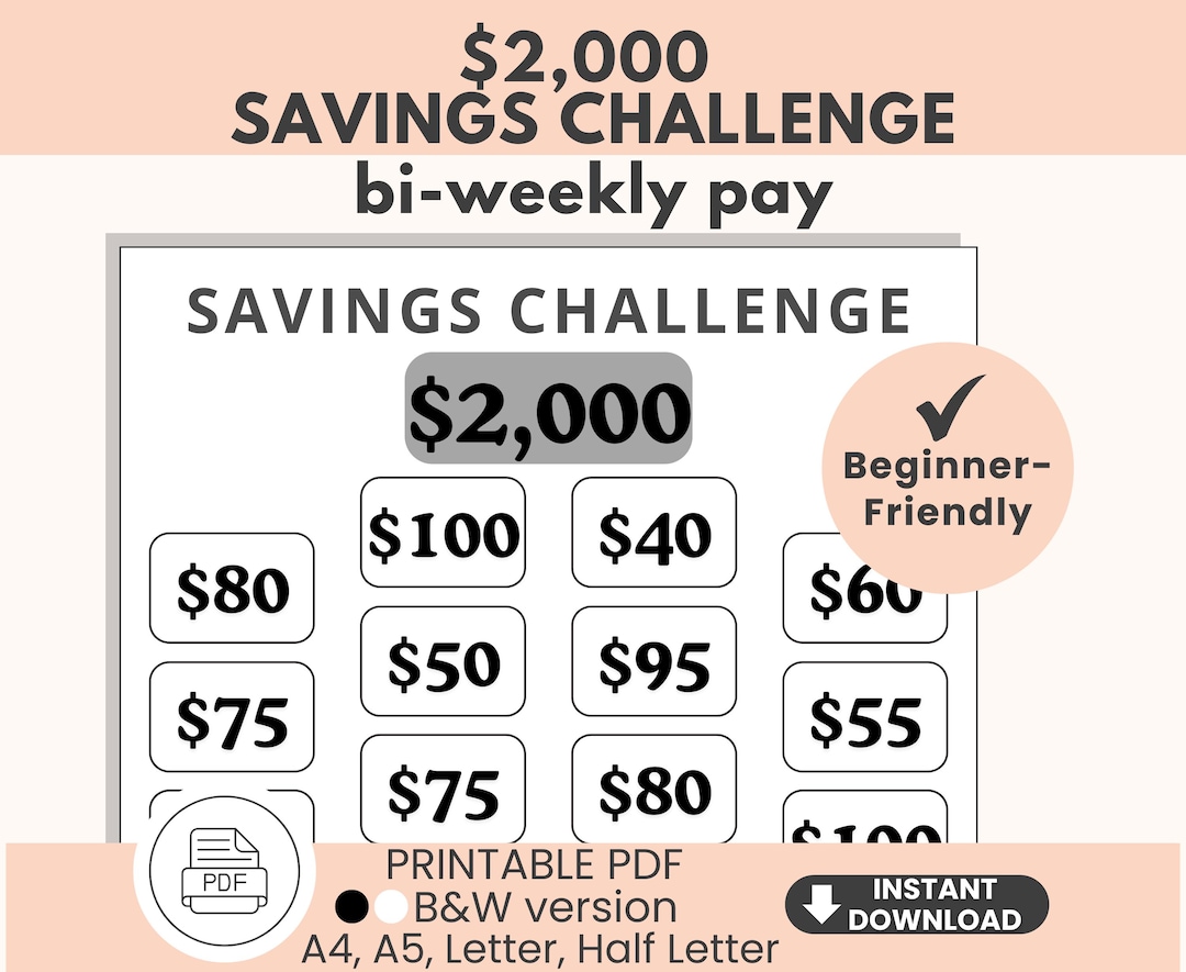 2,000 Dollar Bi-weekly Savings Challenge Printable | Beginner Budget ...