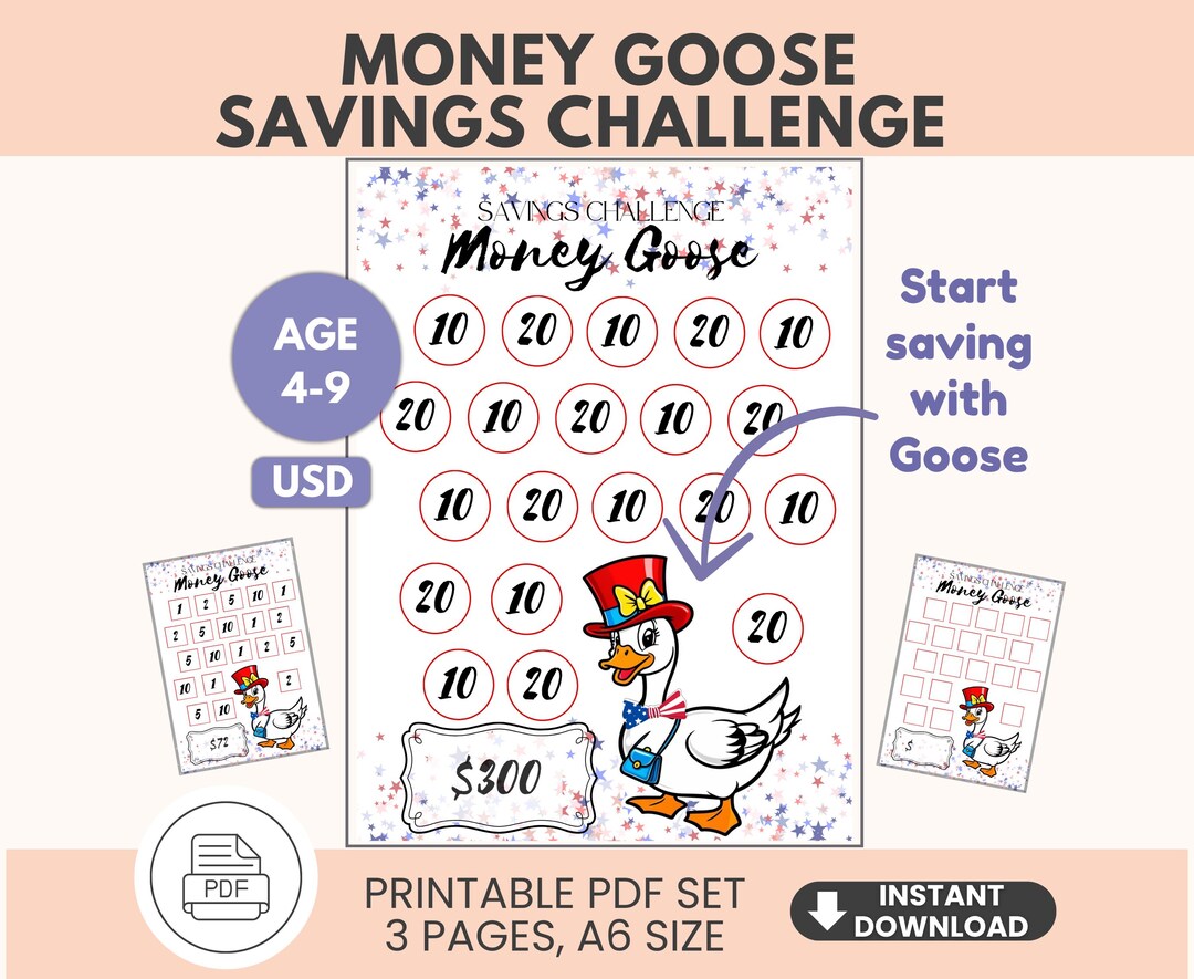 Money Goose Savings Challenge: Kids Printable Budget Tracker (PDF ...