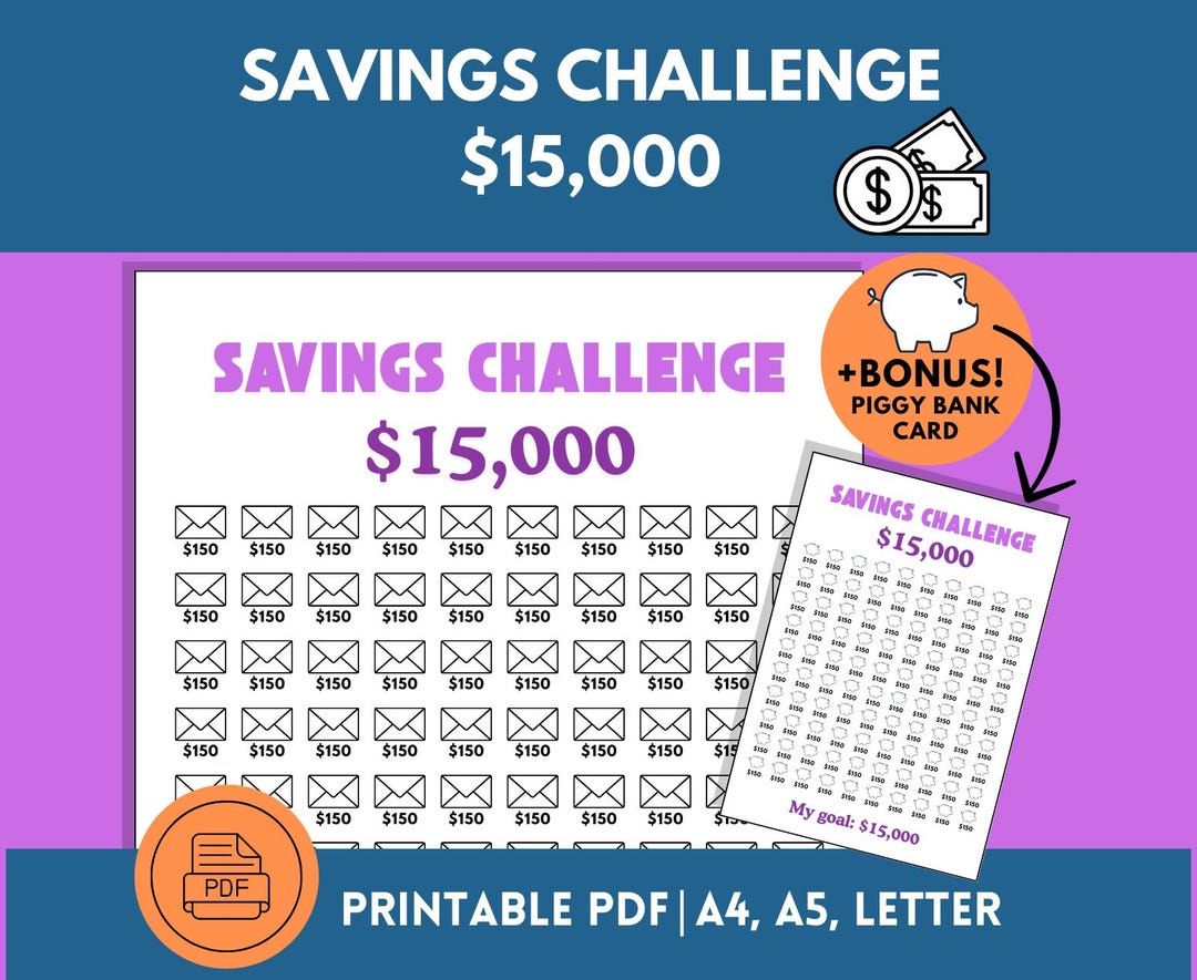 15000 Savings Challenge Printable, 15k Dollar Savings Challenge, A4 ...