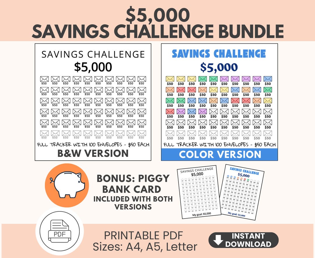 5000 Dollars Savings Challenge: Printable PDF Tracker With Piggy Bank ...
