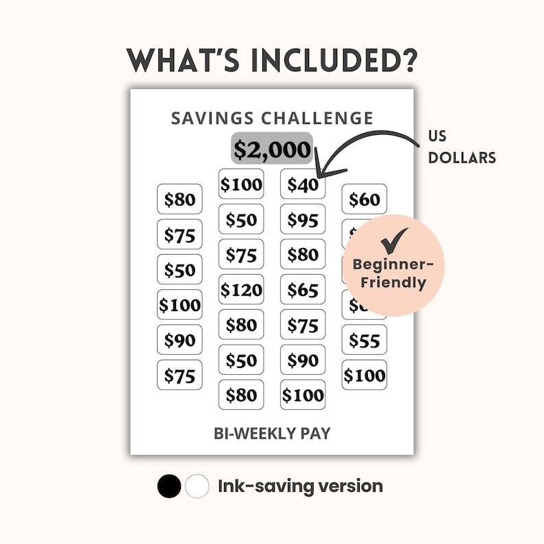 2,000 Dollar Bi-weekly Savings Challenge Printable | Beginner Budget ...