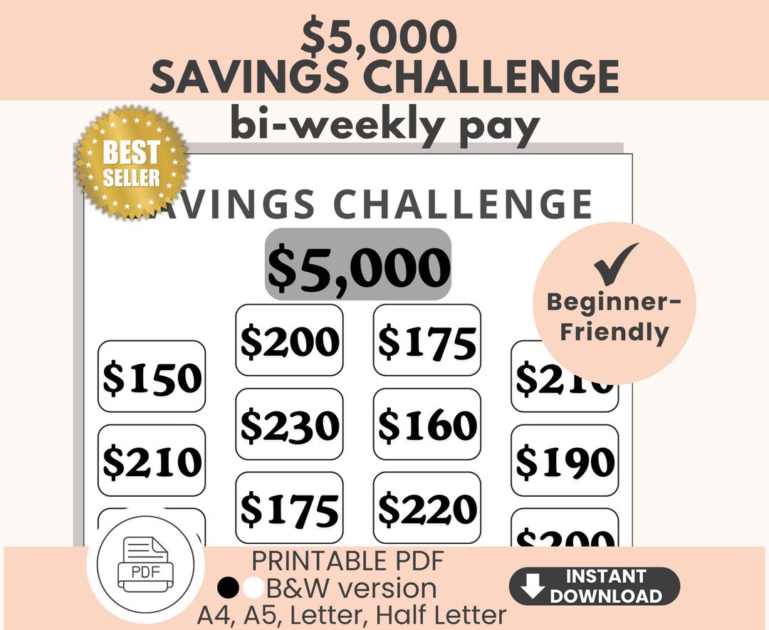 5000 Dollars Savings Challenge Printable: Bi-weekly Budget Tracker (PDF ...