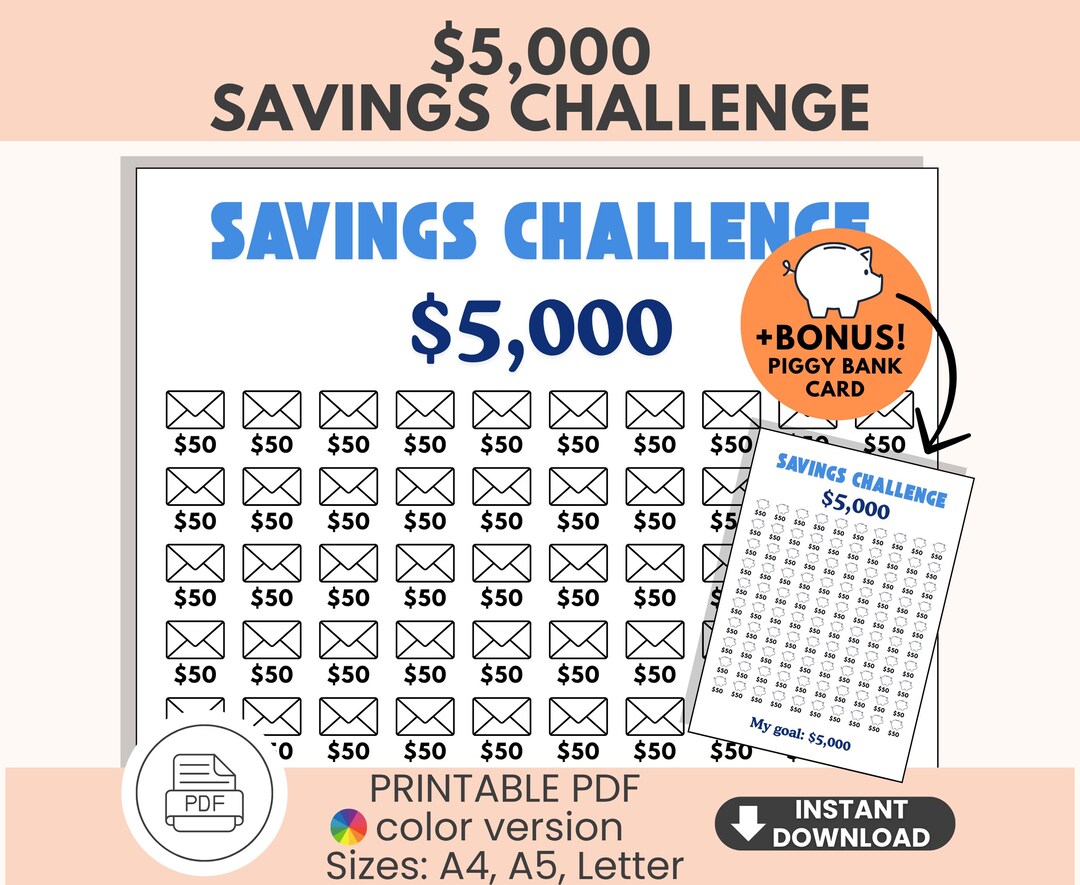 5K Savings Challenge Tracker Printable: Color PDF, Budget Planner (A4 ...