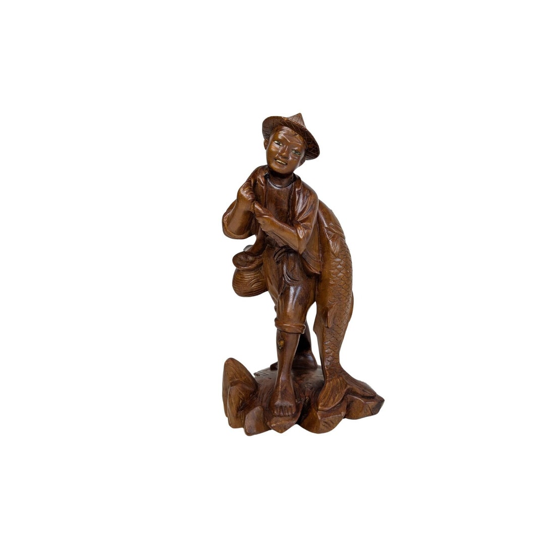 Carved WOOD Inlay FISHERMAN - Etsy