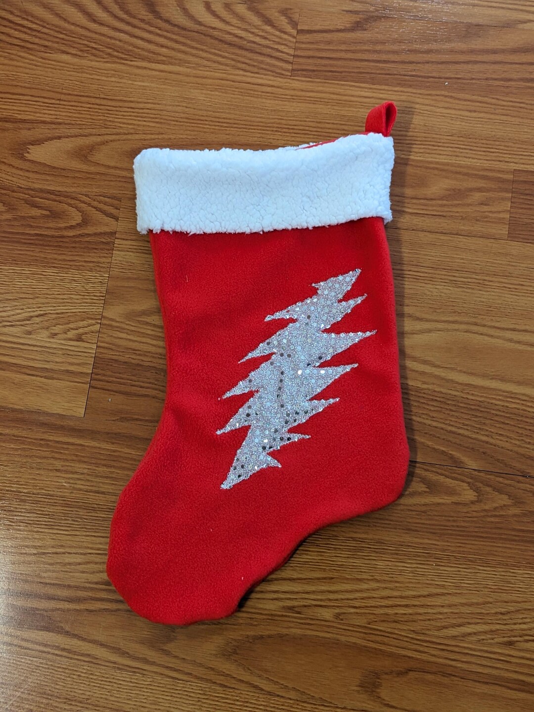 GD 13 Point Lightning Bolt Stocking in Red Fleece With White Sequin ...