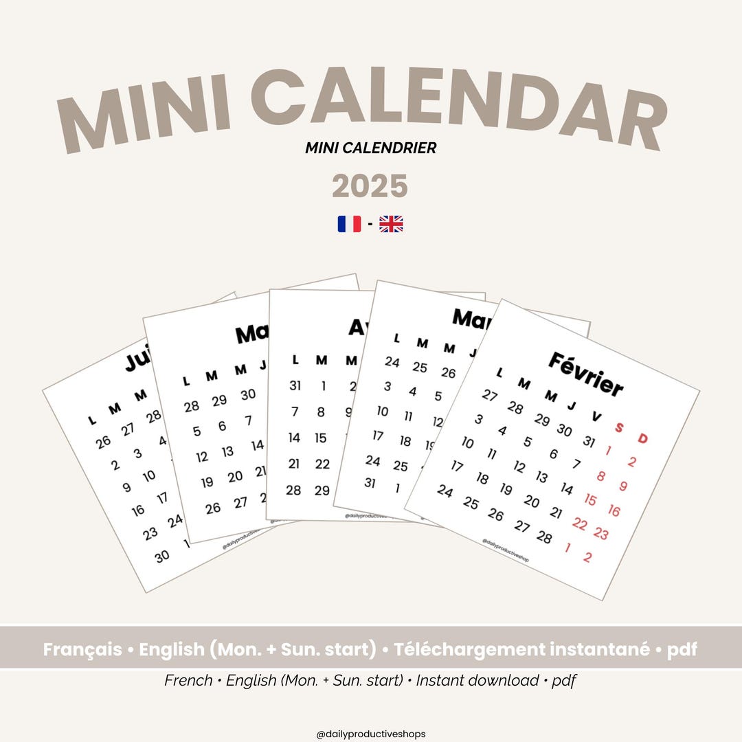 Mini Calendar, Printable, PDF, Instant Download, Minimalist, French ...