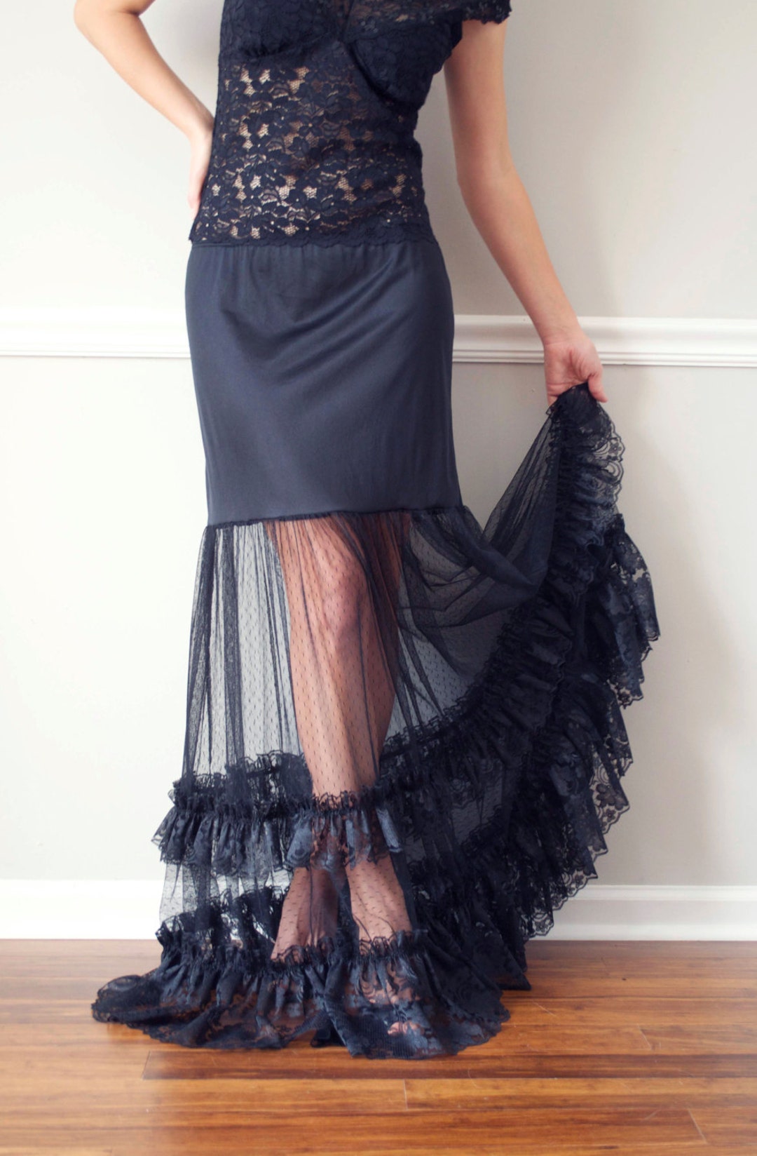 Slip Extender - Black Lace Tulle Ruffle Long Tiered Steampunk Gothic ...