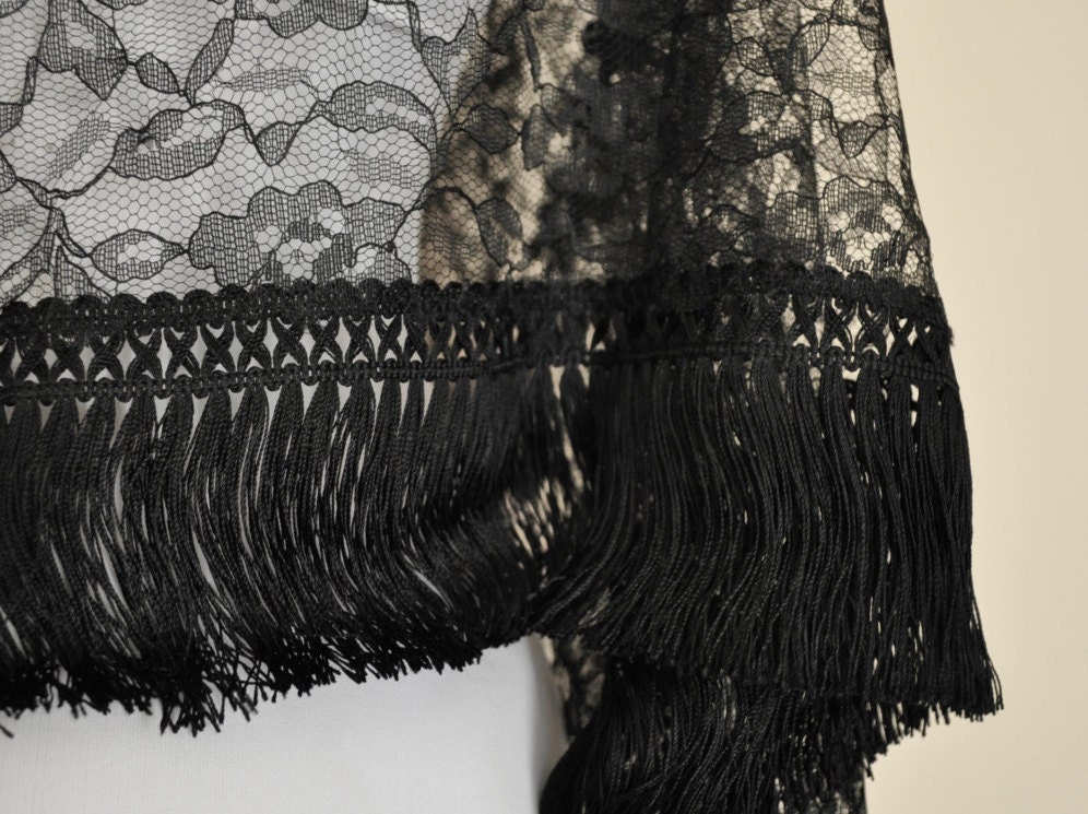 Black Lace Fringe Curved Vest/scarf Shawl Goth Glamour - Etsy