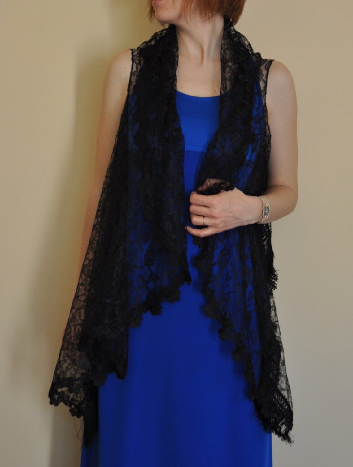 Black Lace Fringe Curved Vest/scarf Shawl Goth Glamour | Etsy