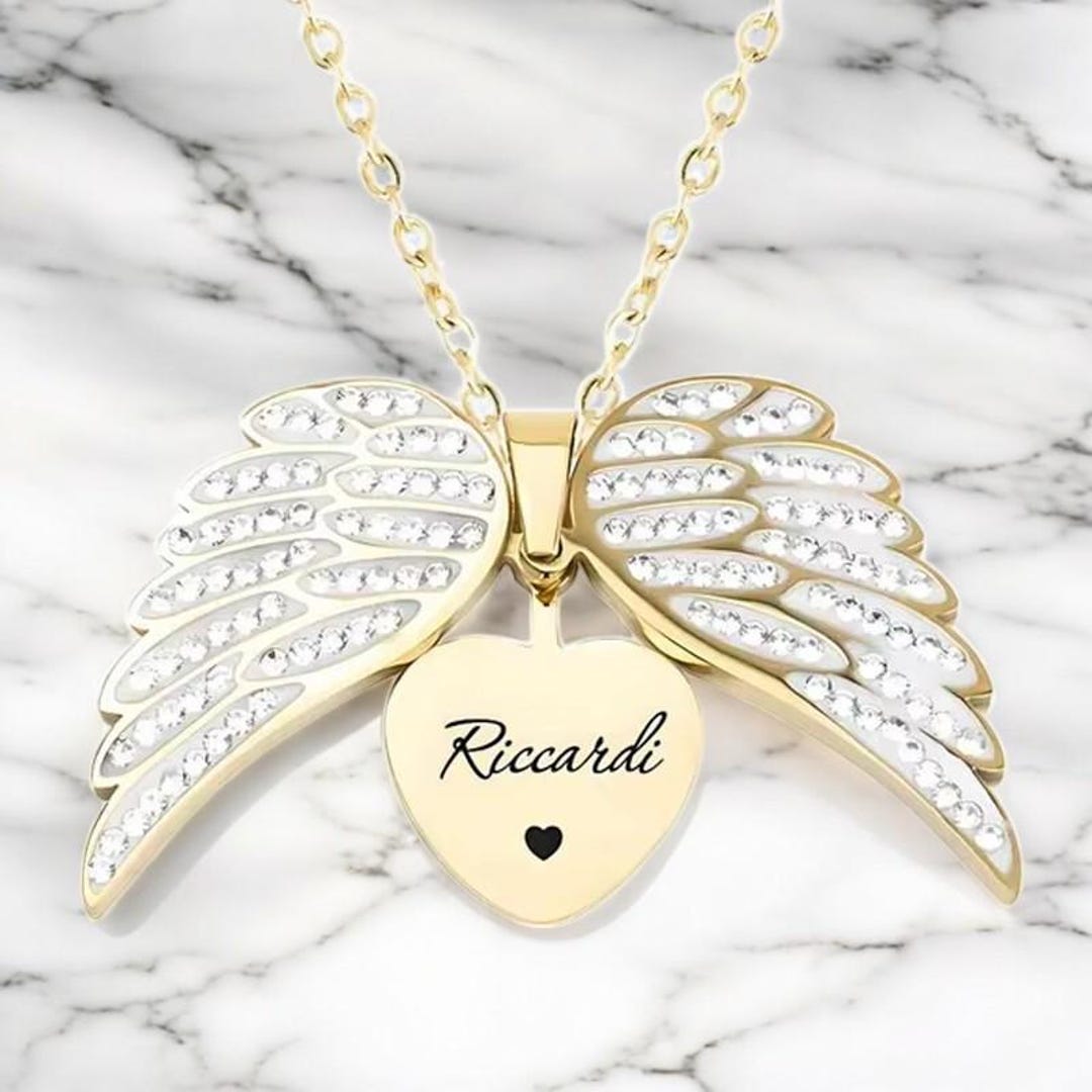 Personalized Angel Wing Pendant Necklace, Puzzle Heart Name Necklace ...