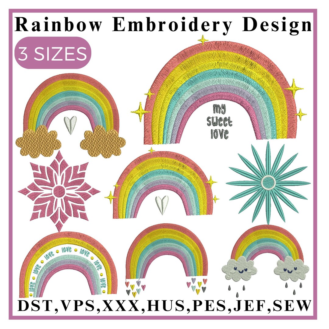 Rainbow Embroidery Design, Rainbow and Heart Motif, Rainbow Stitch ...